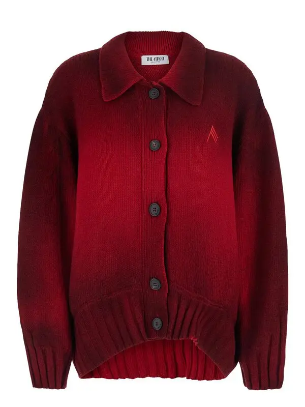 Attico Red Cardigan With Classic Collar And Sprayed Design With Gradient Effect In Wool And Cashmere For - Multicolor