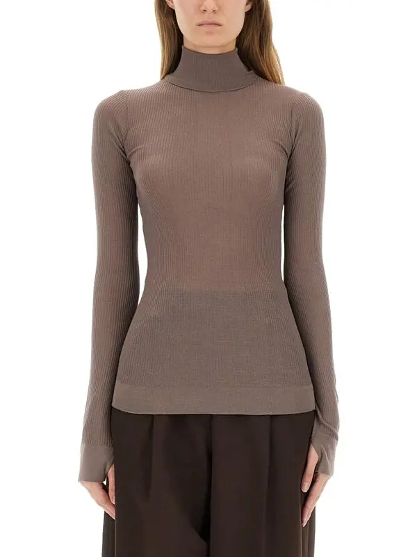 LEMAIRE Ribbed Turtleneck Top - Brown