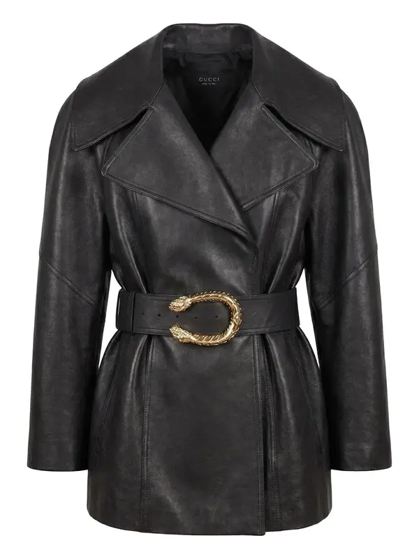Gucci Leather Jacket With Dionysus Belt - Black