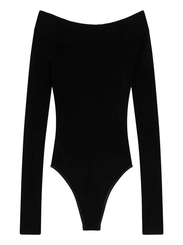 Alaïa Shaping Ribbed Knit Off-shoulder Bodysuit - Black