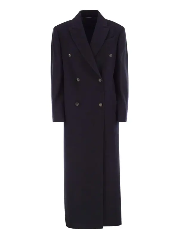 Brunello Cucinelli Long Wool Coat With Jewellery - Blue