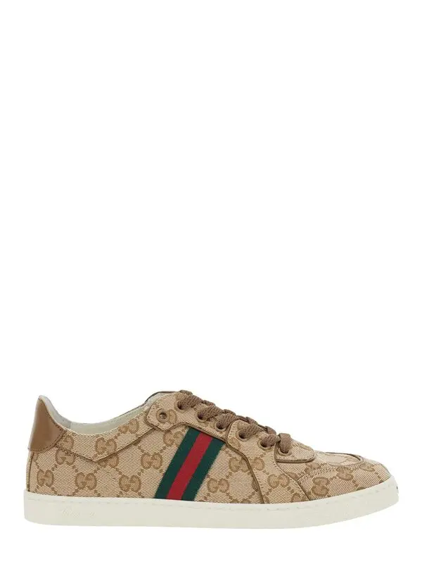 Gucci Stretch' Beige Sneaker With All-over Gg Motif And Web Detail In Fabric And Leather - Multicolor