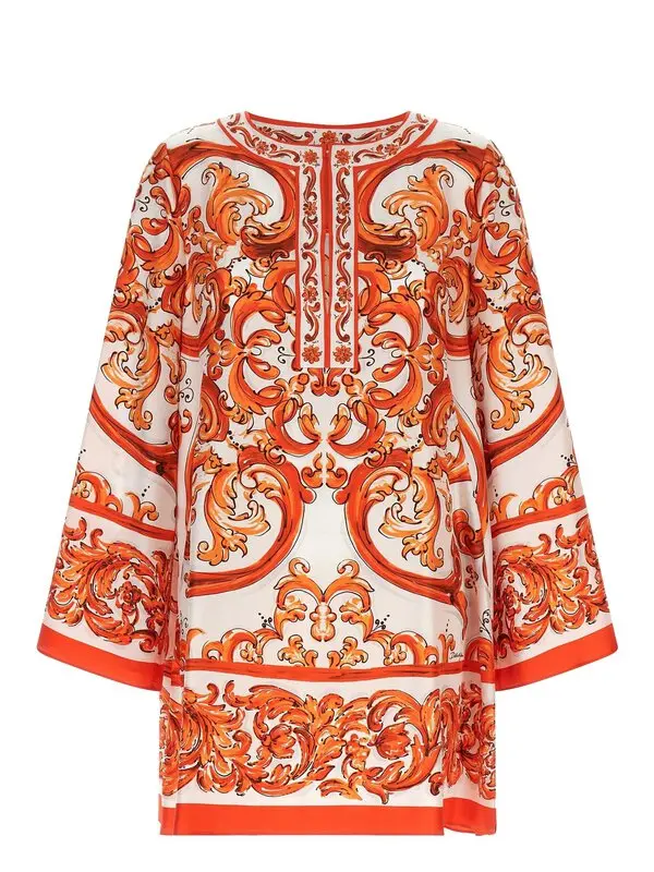 Dolce & Gabbana Maiolica Silk Twill Kaftan Mini Dress - Orange
