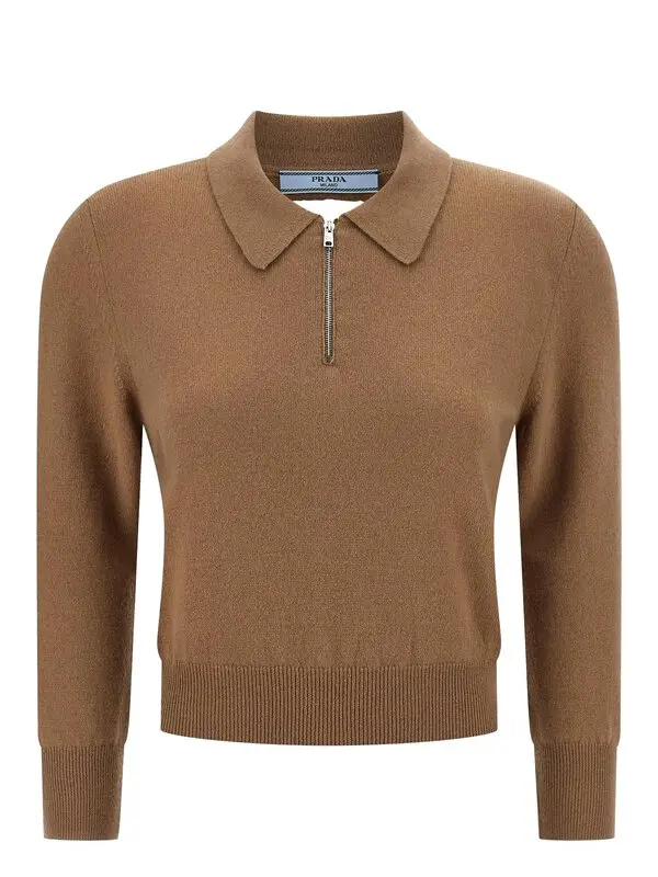 Prada Cashmere Quarter Zip Wool Polo Shirt - Cream