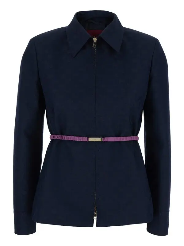 Gucci Blue Jacket With Classic Collar And Removable Belt With Gg Logo Plate For - Multicolor