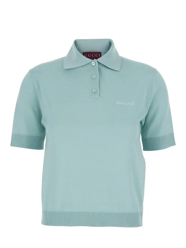 Gucci Light Blue Polo With Classic Collar And Logo Lettering Embroidery On The Front In Wool For - Multicolor