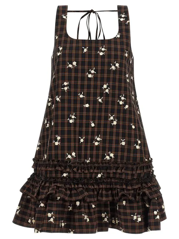 GANNI Check Flower Mini Dress - Brown