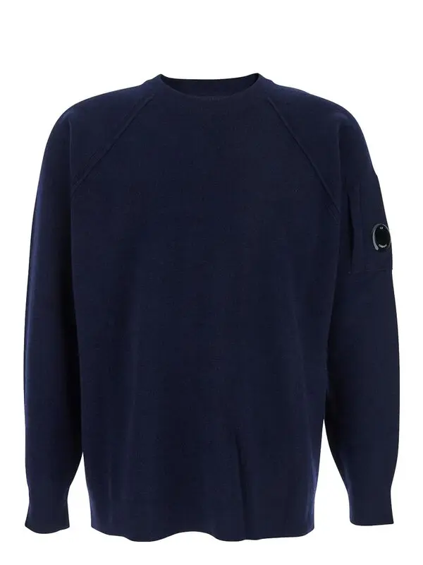 C.P. COMPANY Blue Crew Neck Sweater With Compass Logo On Sleeve In Wool Blend - Multicolor
