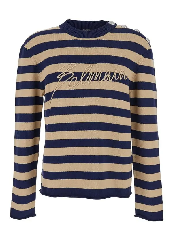 Balmain Striped Logo Wool Crewneck Sweater - Multicolor