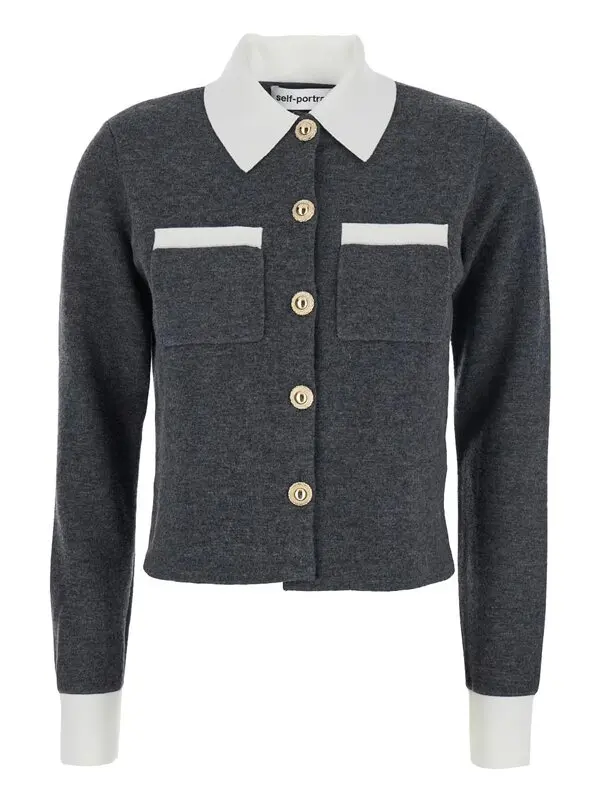 SELF-PORTRAIT Grey Cropped Cardigan With Contrasting Classic Collar And Two Front Patch Pockets In Wool Blend - Multicolor