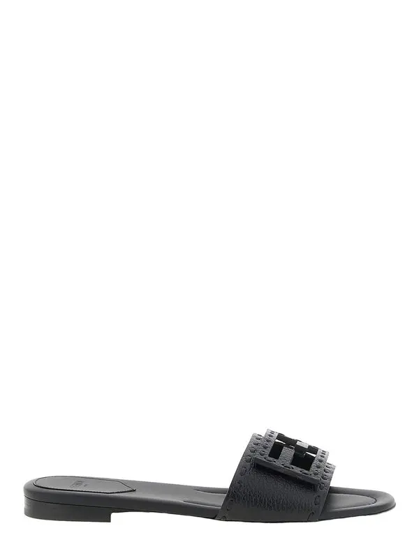 Fendi Baguette Leather Slides - Black
