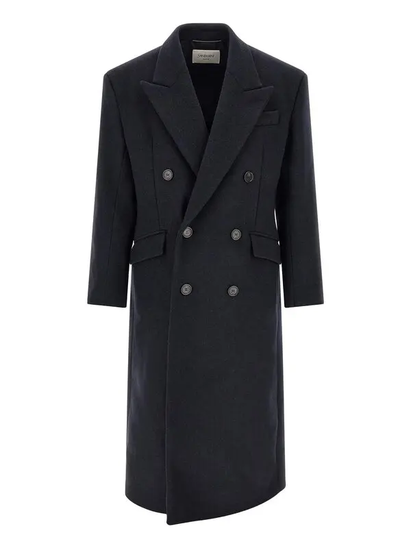 Saint Laurent Virgin Wool Double-breasted Long Coat - Blue