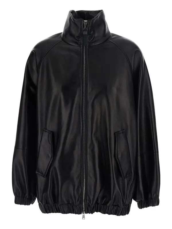 Brunello Cucinelli High Collar Leather Jacket With Elasticized Trims - Multicolor