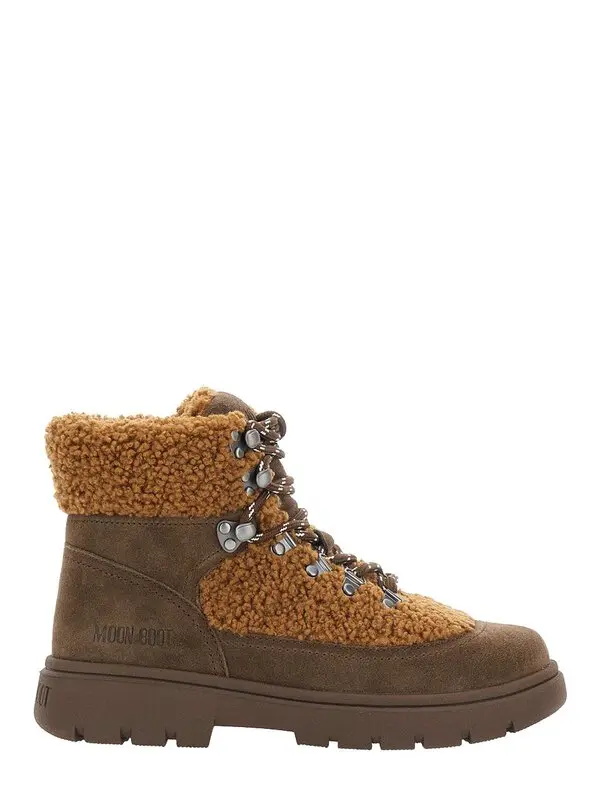 Moon Boot Combat Boot' Brown Ankle Boots With Logo Lettering On The Back And Fleece Details In Suede - Multicolor