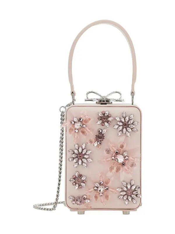 SELF-PORTRAIT Flora Clutch With All-over Floral Details And Metallic Bow In Pink Satin For - Multicolor