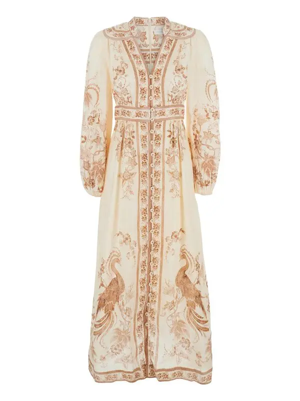 Zimmermann Indra' Long Dress With V-neck And All-over Motif In Linen For - Multicolor