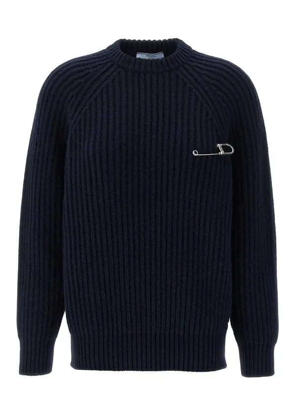 Prada Virgin Wool And Cashmere Ribbed Pin Sweater - Blue