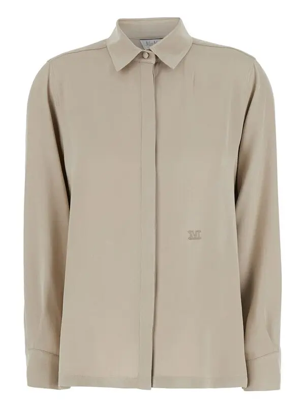 Max Mara Geranio' Beige Shirt With Classic Collar And Logo Embroidery On The Front In Silk For - Cream