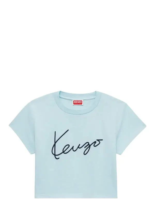 Kenzo Signature Embroidered Cotton Cropped T-shirt - Blue