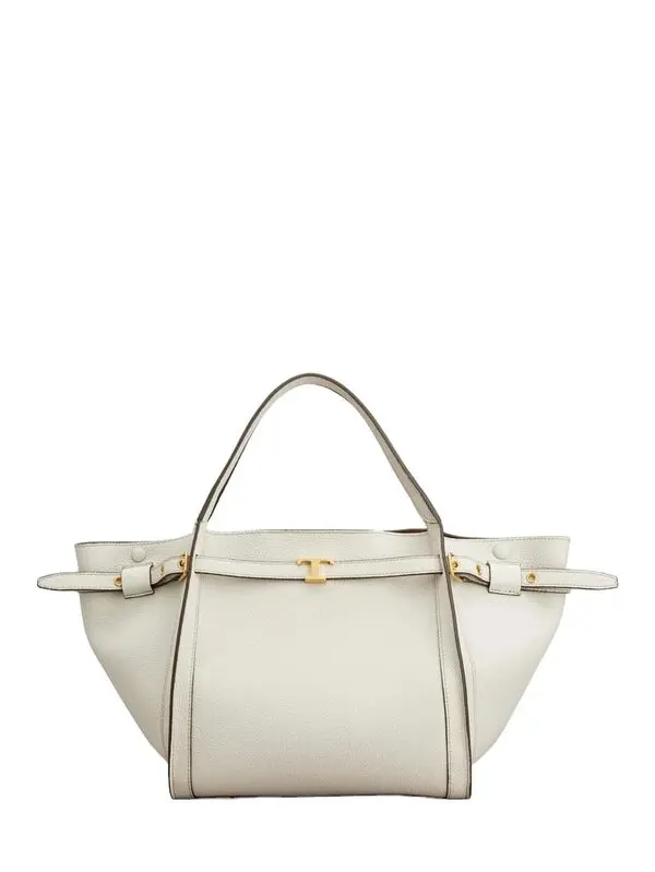 TOD'S T Timeless Logo Plaque Leather Tote Bag - Cream