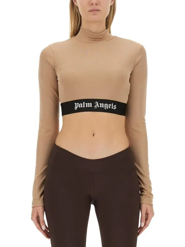 Palm Angels Cropped Top With Logo - Cream