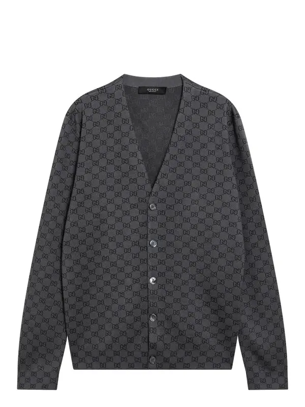 Gucci Wool And Silk Cardigan With Gg Motif - Gray