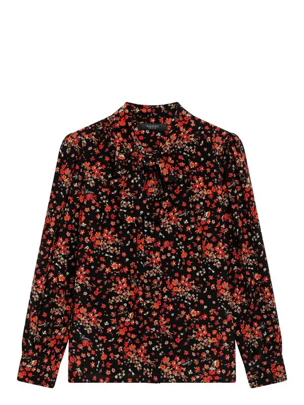 Gucci Printed Silk Shirt With Bow In /red - Black