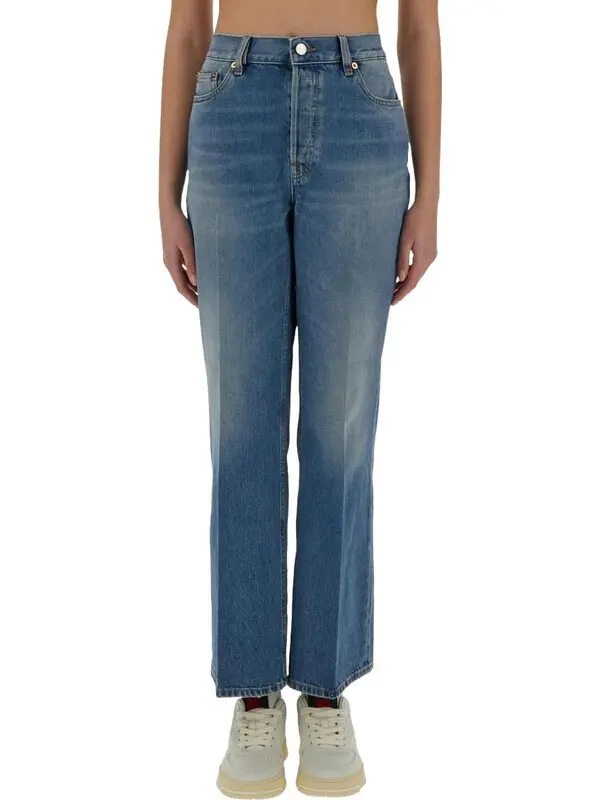 Gucci Denim Pants With Logo Label - Blue