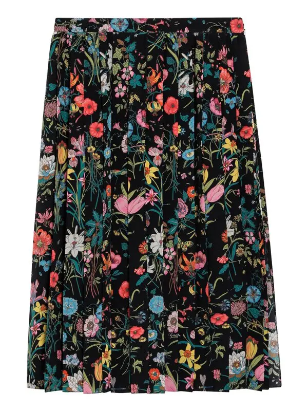 Gucci Pleated Midi Silk Skirt With Flora Print - Black