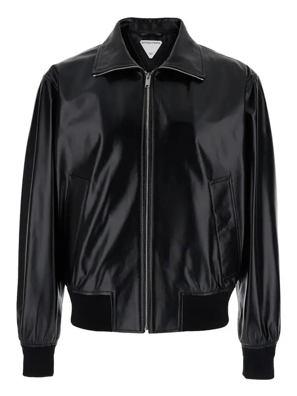 Bottega Veneta Black Bomber Jacket With Two Front Welt Pockets In Leather - Multicolor