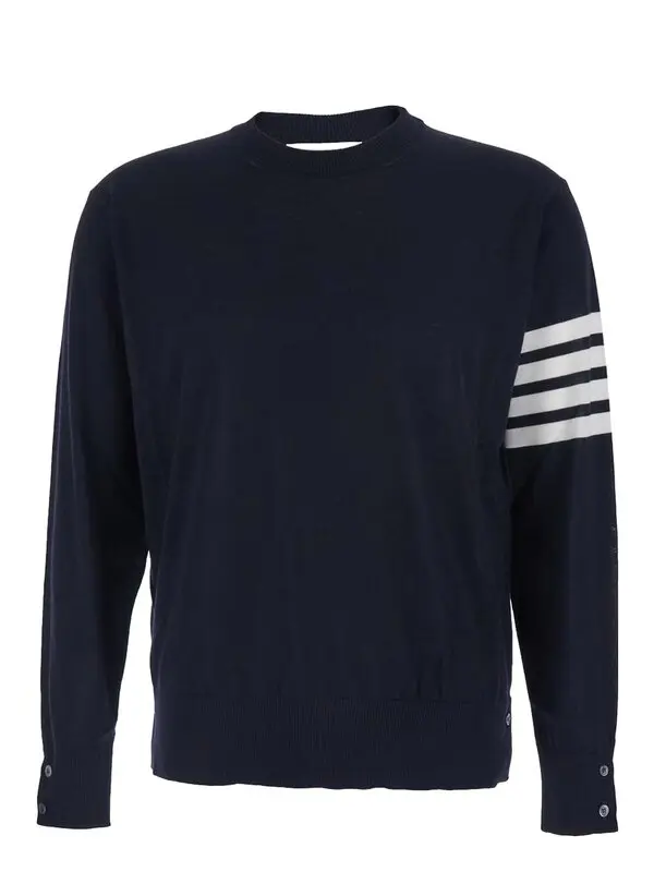 Thom Browne Blue Crewneck Sweater With 4-bar On The Sleeve And Ribbed Finishes In Wool For - Multicolor
