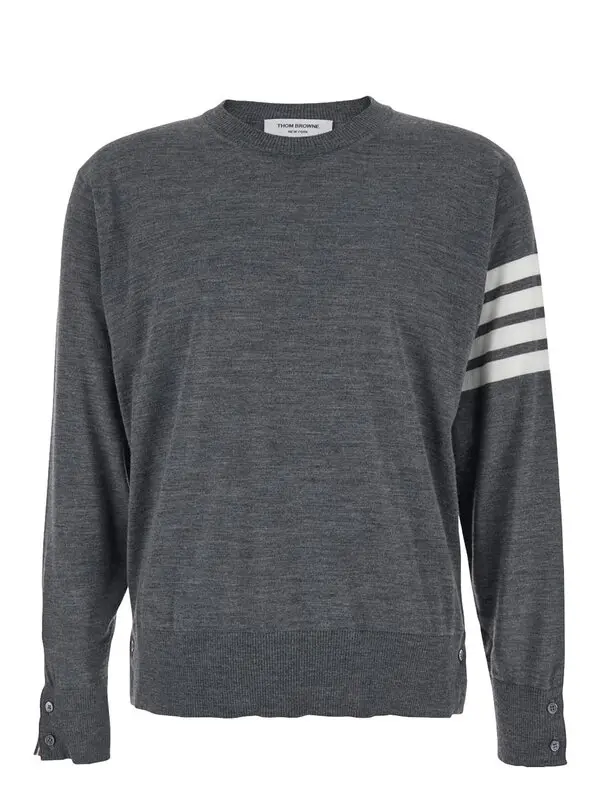 Thom Browne Grey Crew Neck Sweater With 4-bar Detail In Virgin Wool For - Gray