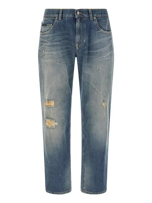 Dolce & Gabbana Destroyed Logo Plaque Jeans - Blue