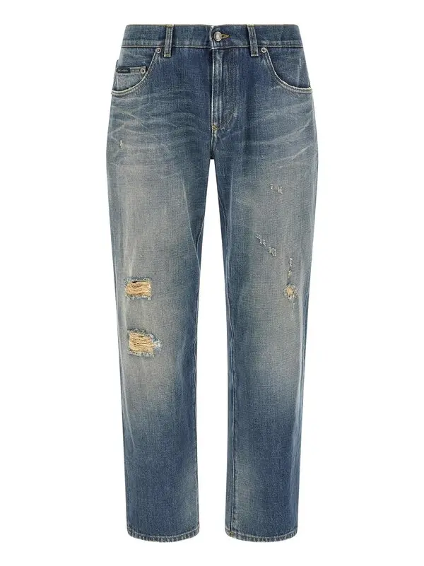 Dolce & Gabbana Destroyed Logo Plaque Jeans - Blue