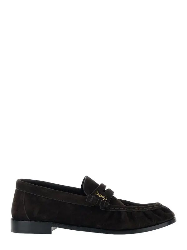 Saint Laurent Le Loafer' Loafers With Hand-stitched Toe And Cassandre Plaque In Suede For - Brown