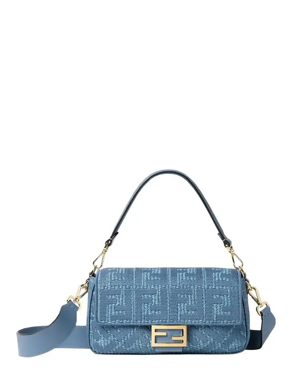 Fendi Woven Raffia Baguette Bag With Ff Embroidery - Blue