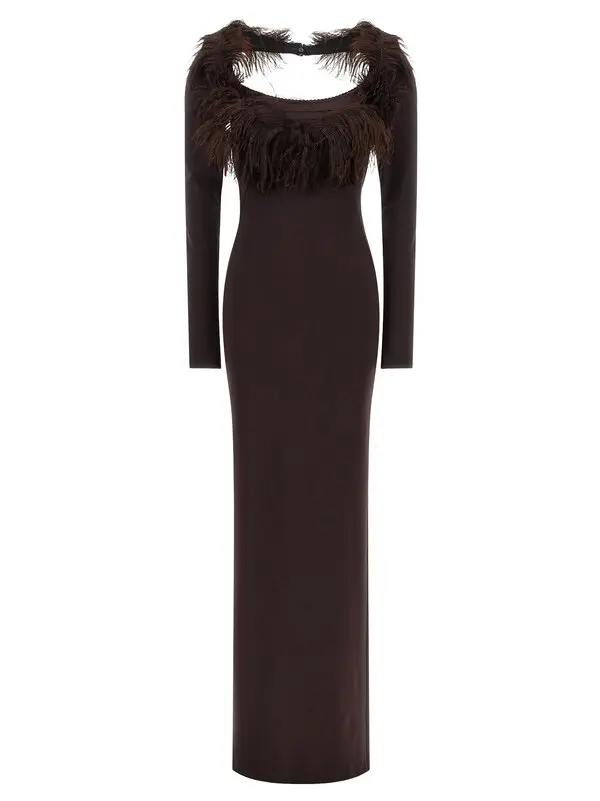Attico Feather Embellished Long Sleeve Maxi Dress - Brown