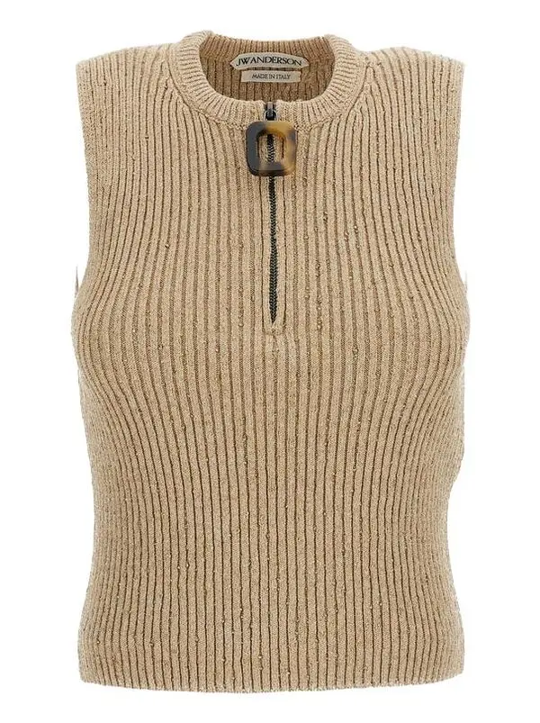 JW Anderson Ribbed Knit Metallic Threading Quarter-zip Tank Top - Cream