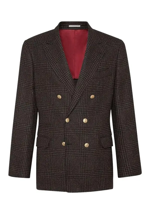 Brunello Cucinelli Prince Of Wales One-and-a-half Breasted Blazer With Metal Buttons - Brown