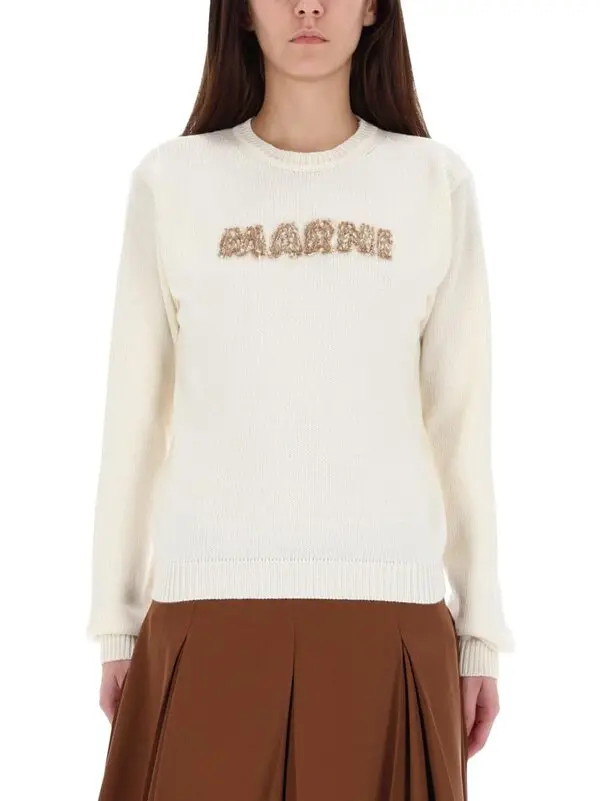 Marni Logo Virgin Wool Crewneck Knit - Cream