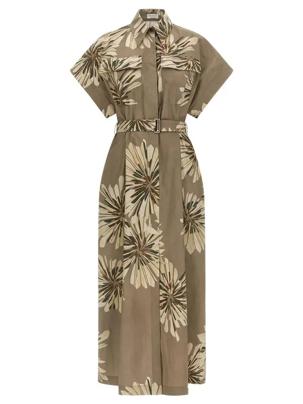 Brunello Cucinelli Cotton Poplin Floral Chemisier Dress - Green