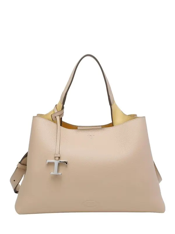 TOD'S Medium Leather Handbag With T Timeless Charm - Cream