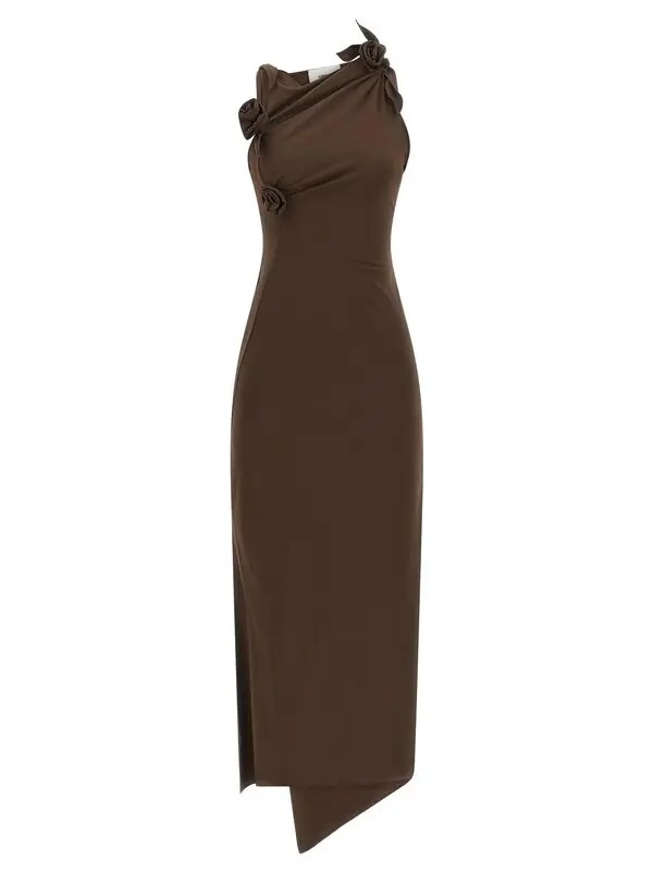 Coperni Asymmetrical 3d Floral Applique Midi Dress - Brown