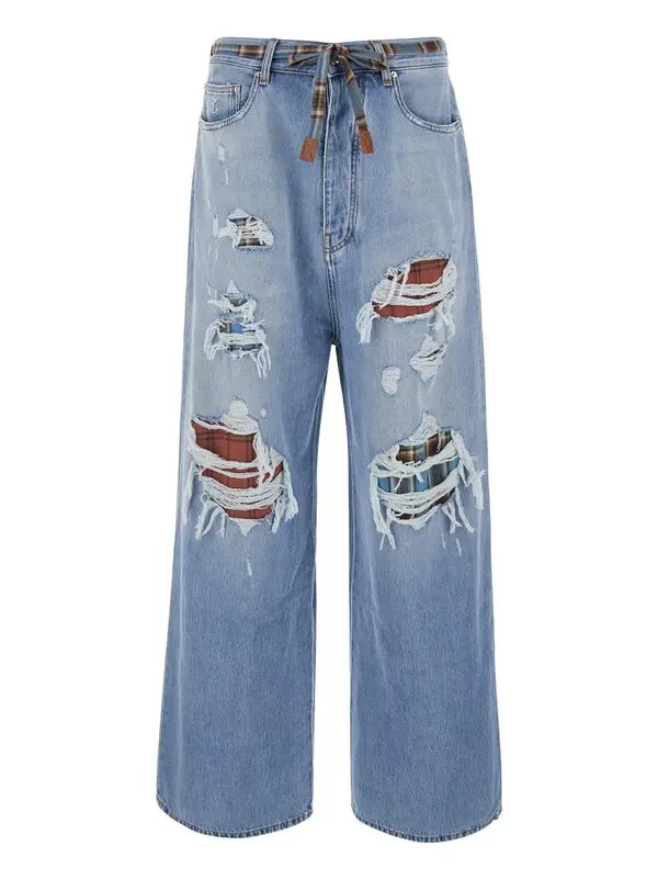 Amiri Light Blue Jeans With Ripped Details On The Front And Bow On The Waist In Denim For - Multicolor