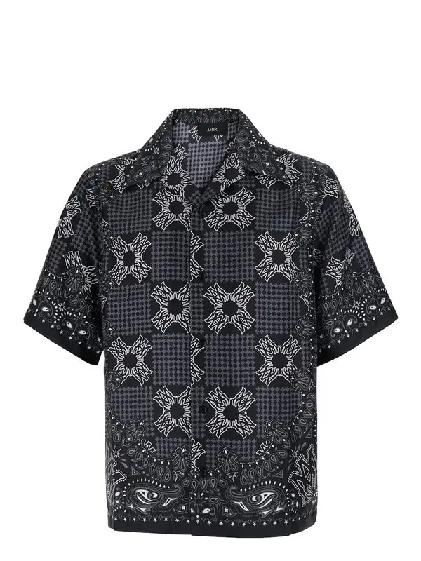 Amiri Bowling Shirt With Cuban Collar And All-over Geometric Print In Silk For - Black