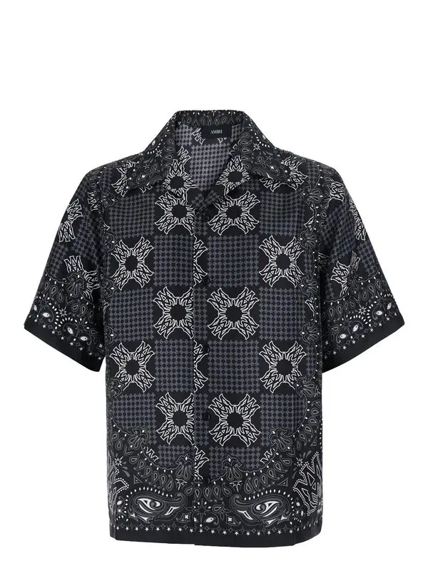 Amiri Bowling Shirt With Cuban Collar And All-over Geometric Print In Silk For - Black