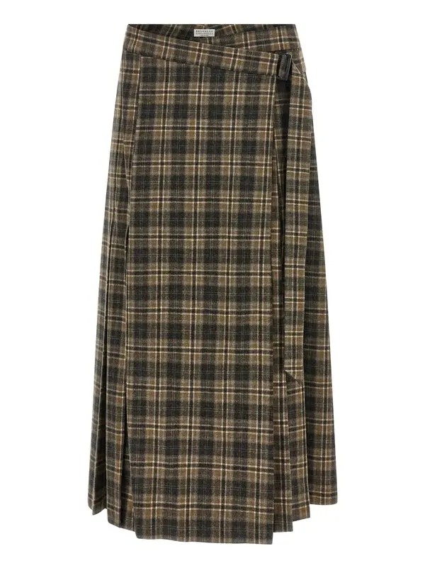 Brunello Cucinelli Tartan Pleated Long Skirt - Brown