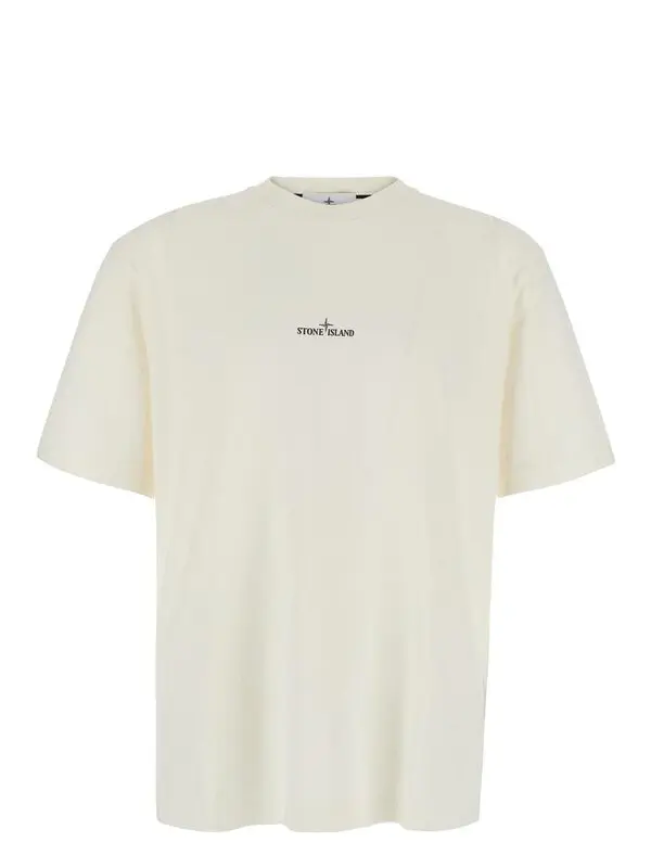 Stone Island Beige Crew Neck T-shirt With Logo Lettering On The Front And Maxi Logo Print On The Back In Cotton For - Multicolor