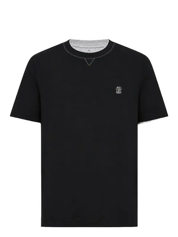 Brunello Cucinelli Cotton T-shirt With Front Logo And Contrasting Trim - Black