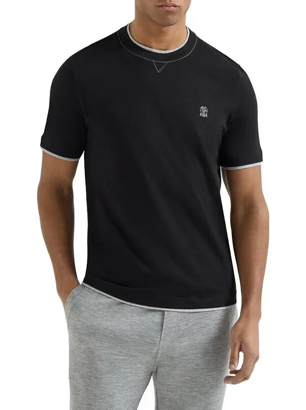 Brunello Cucinelli Cotton T-shirt With Front Logo And Contrasting Trim - Black